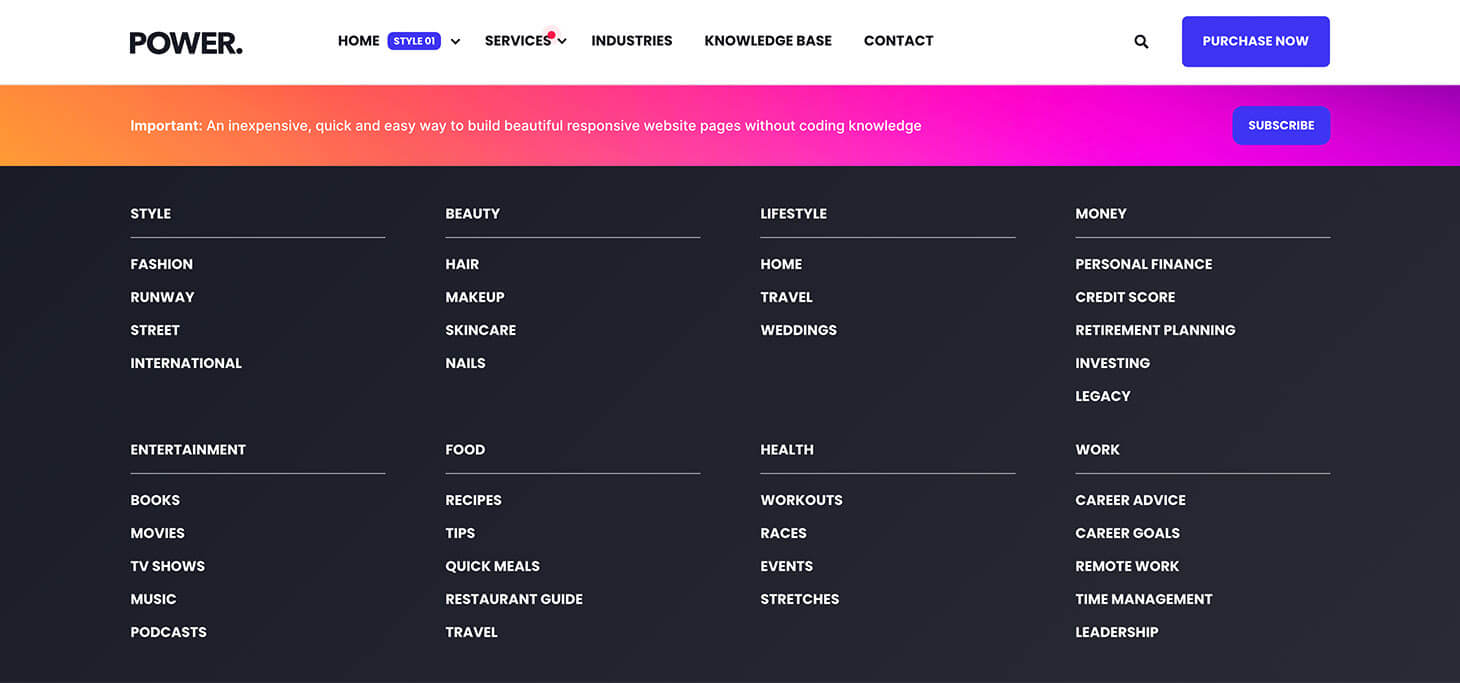 Mega Menu Design | POWER Theme Features